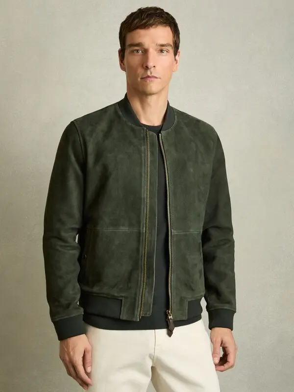 REISS Suede Bomber Jacket - Antique Dark Forest Green