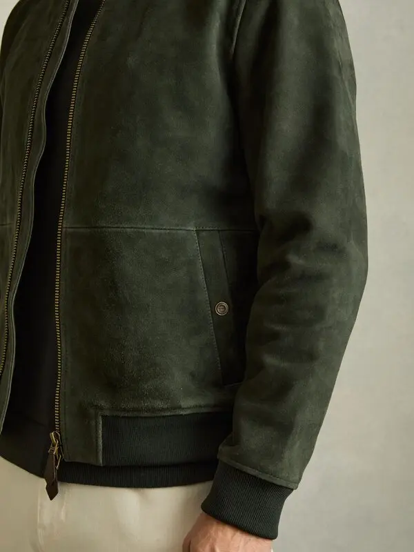 REISS Suede Bomber Jacket - Antique Dark Forest Green