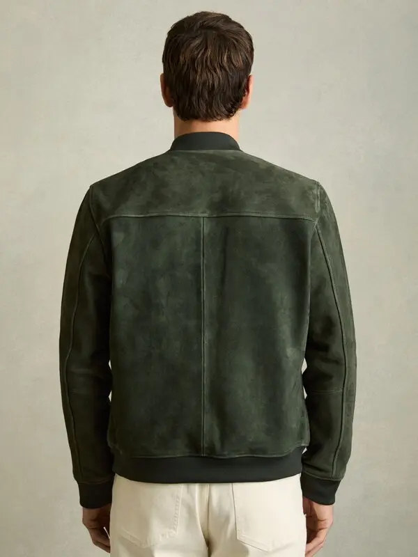 REISS Suede Bomber Jacket - Antique Dark Forest Green