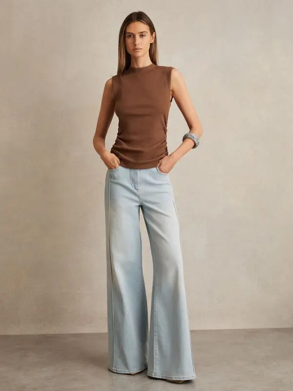 REISS Ruched Waist Sleeveless Top - Toffee Brown