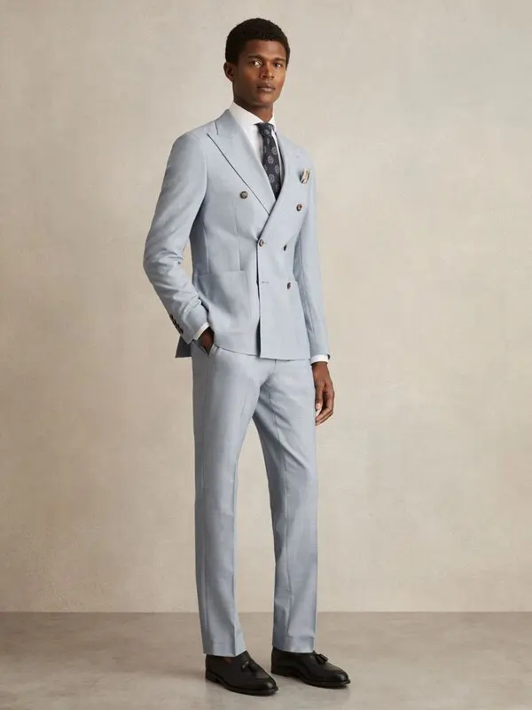 REISS Db Belmont Db Double-breasted Textured Suit Blazer With Wool Slim-fit - Soft Blue