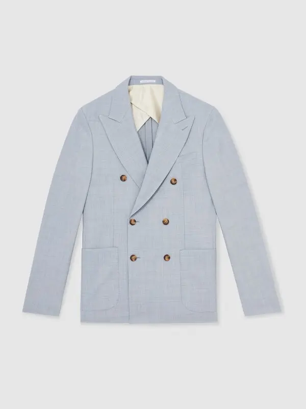 REISS Db Belmont Db Double-breasted Textured Suit Blazer With Wool Slim-fit - Soft Blue