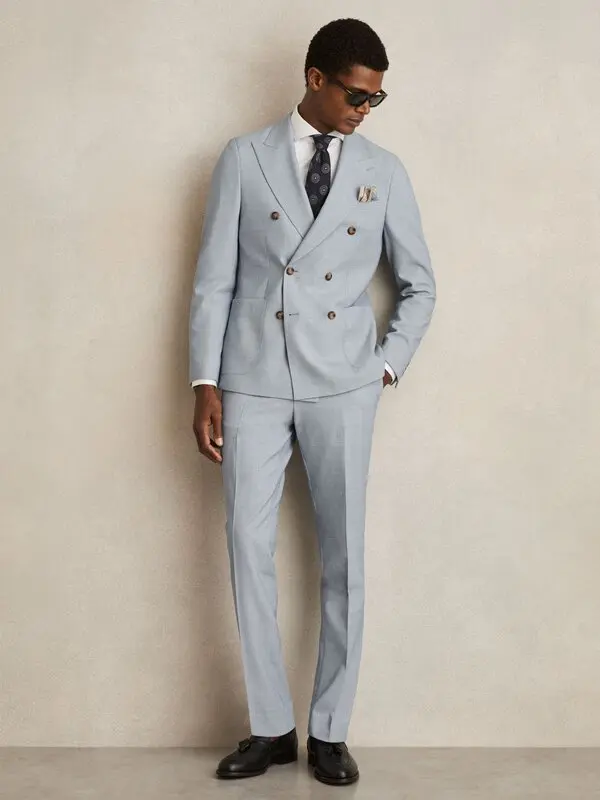 REISS Db Belmont Db Double-breasted Textured Suit Blazer With Wool Slim-fit - Soft Blue