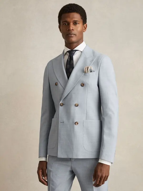REISS Db Belmont Db Double-breasted Textured Suit Blazer With Wool Slim-fit - Soft Blue