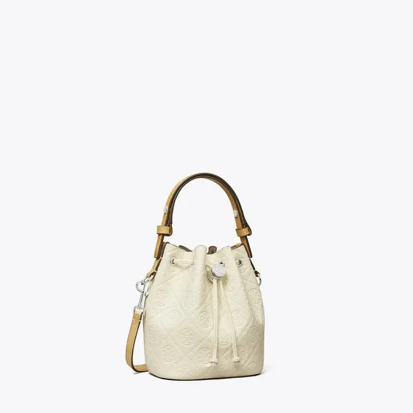 Tory Burch T Monogram Pebbled Mini Bucket Bag - Warm White