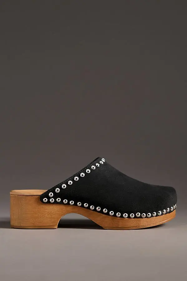 Anthropologie Studded Wood-bottom Clogs - Black Suede