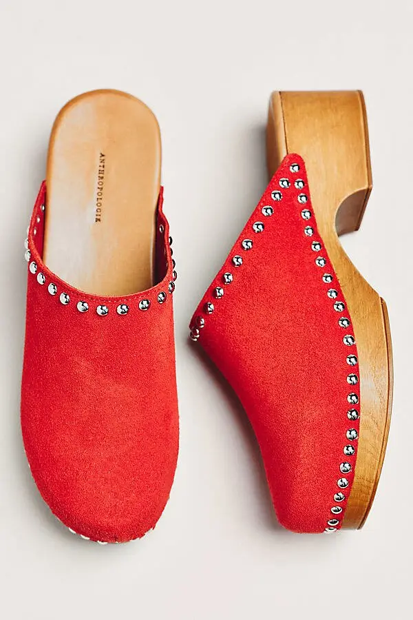 Anthropologie Studded Wood-bottom Clogs - Red Suede