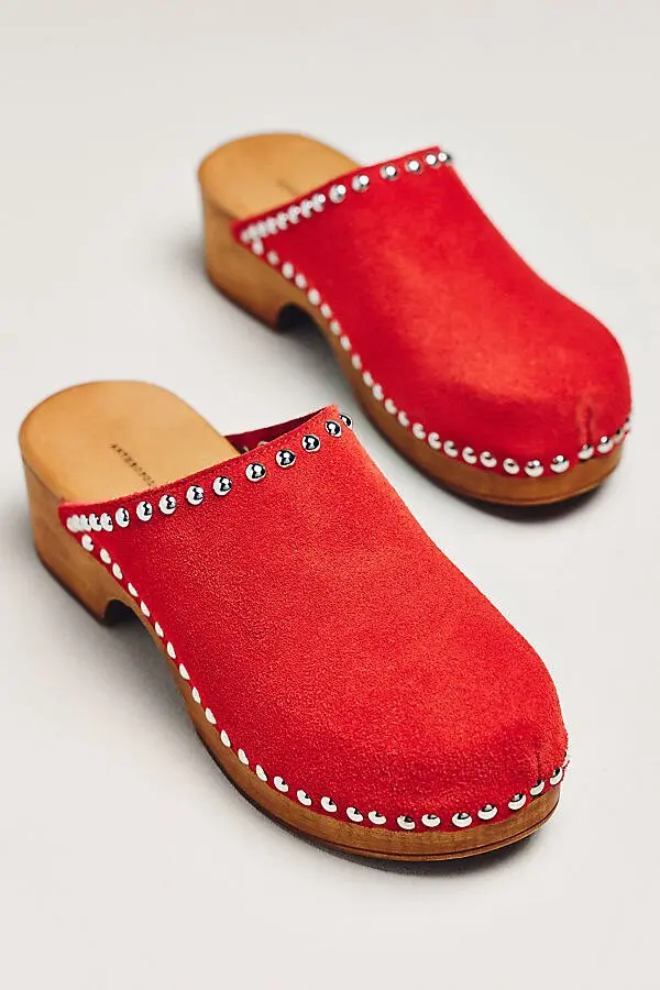Anthropologie Studded Wood-bottom Clogs - Red Suede