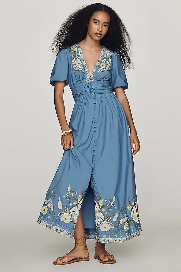 Anthropologie Katerina Embroidered Maxi Dress - Blue Pattern