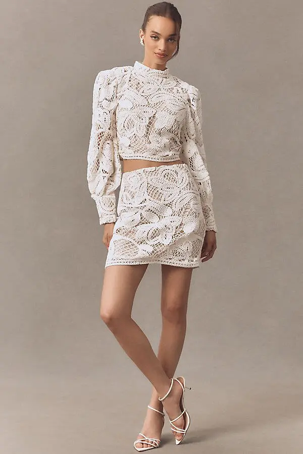 ELLIATT Kyra Crochet Balloon-sleeve Top & Mini Skirt Set