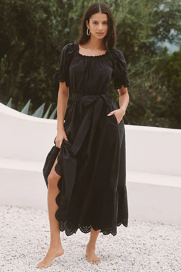 SNDYS. Puff-sleeve Off-the-shoulder Midi Dress
