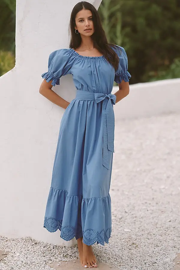 SNDYS Mele Puff-sleeve Off-the-shoulder Midi Dress - Blue