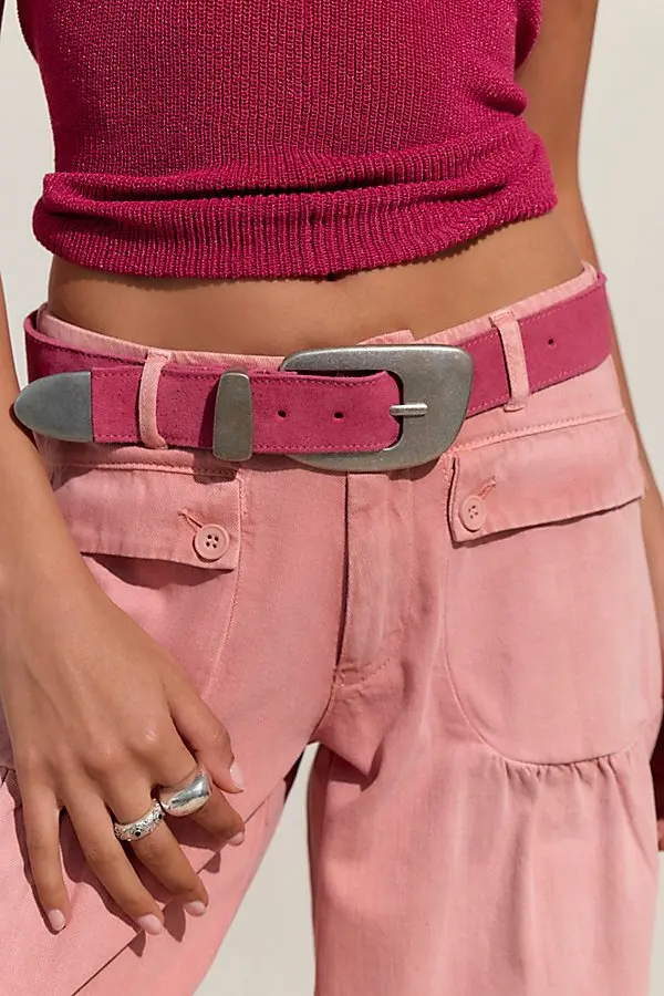 Free People Suede Belt With Geometric Buckle - Medium Pink