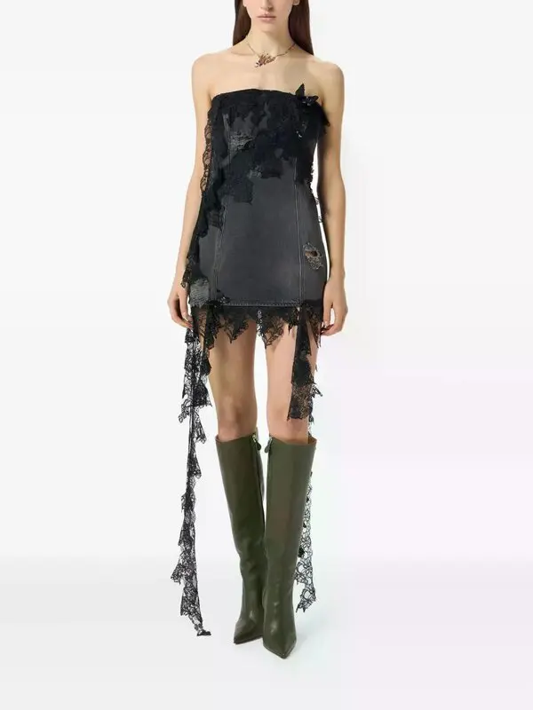 Blumarine Lace-trimmed Denim Strapless Dress