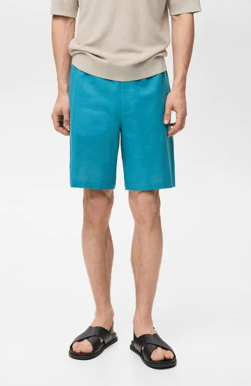 Mango Cotton And Linen Bermuda Shorts - Turquoise