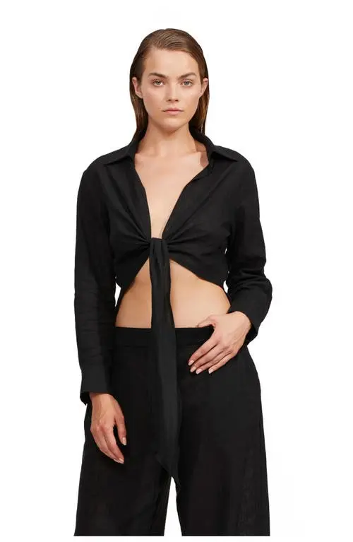 LUMA GOTTEX High-low Collared Front Tie Blouse Cover Up - Black