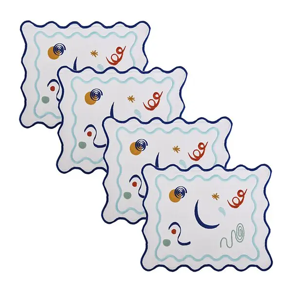 MISETTE Celestial Embroidered Linen Placemats, Set Of 4 - Blue