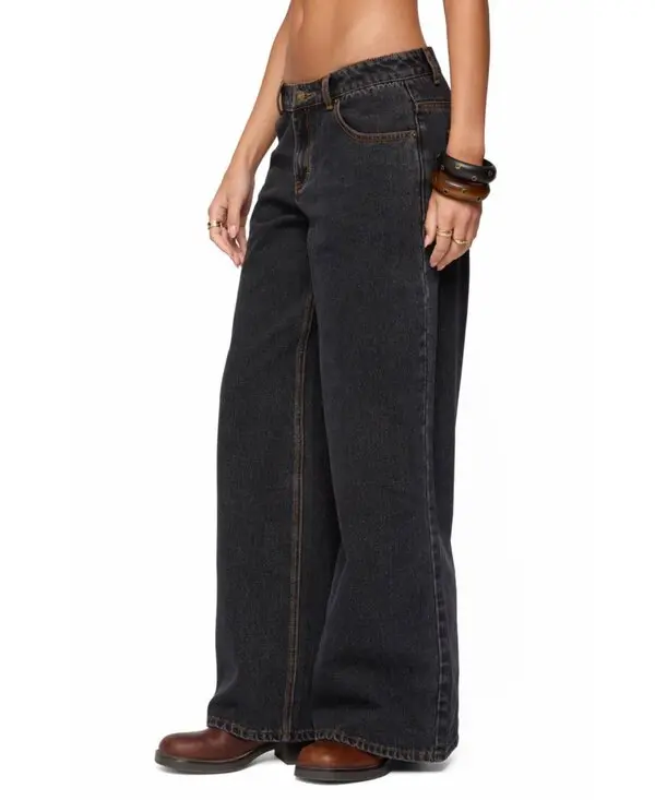 EDIKTED Contrast Stitch Low Rise Wide Leg Jeans - Black-washed