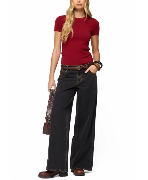 EDIKTED Contrast Stitch Low Rise Wide Leg Jeans - Black-washed
