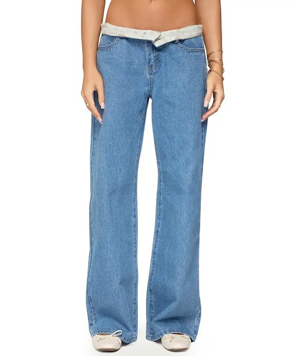 EDIKTED Floral Foldover Low Rise Jeans
