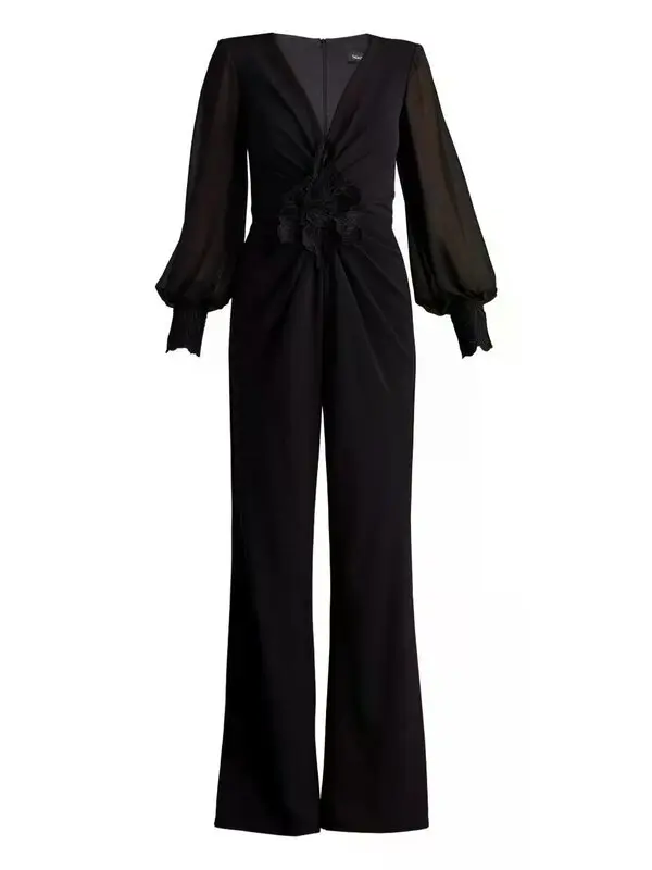 Tadashi Shoji Floral-embellished V-neck Jumpsuit - Black
