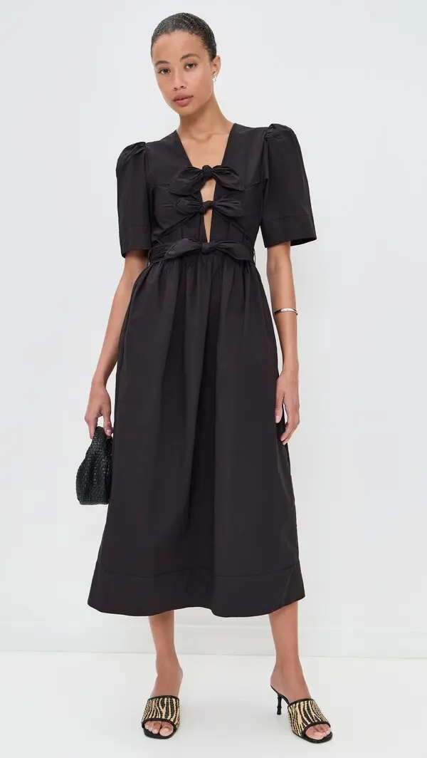 GANNI Stretch Cotton Tie Strap Midi Dress