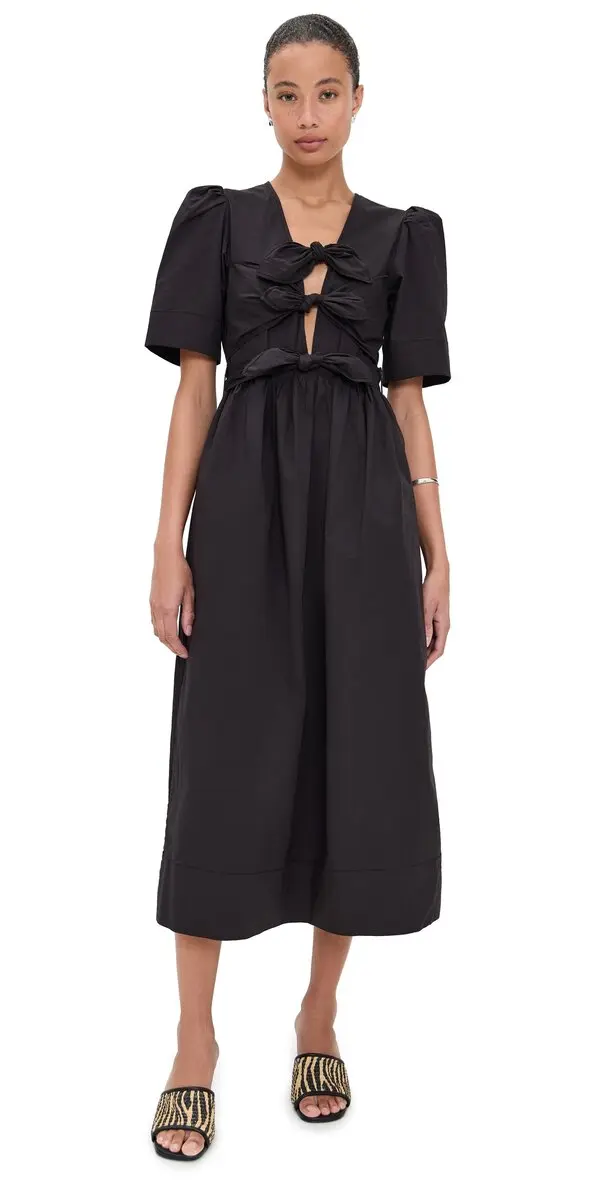 GANNI Stretch Cotton Tie Strap Midi Dress - Black