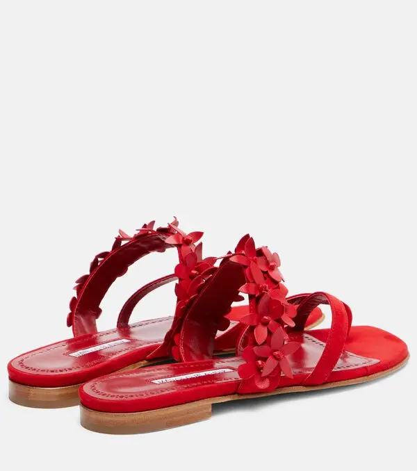Manolo Blahnik Suede Floral Embellished Sandals - Red
