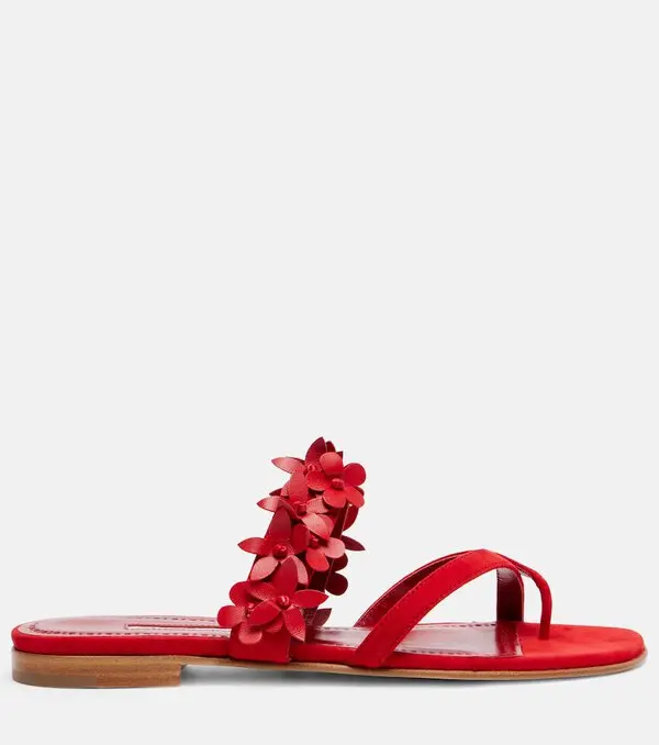Manolo Blahnik Suede Floral Embellished Sandals - Red