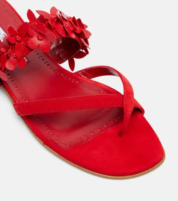 Manolo Blahnik Suede Floral Embellished Sandals - Red