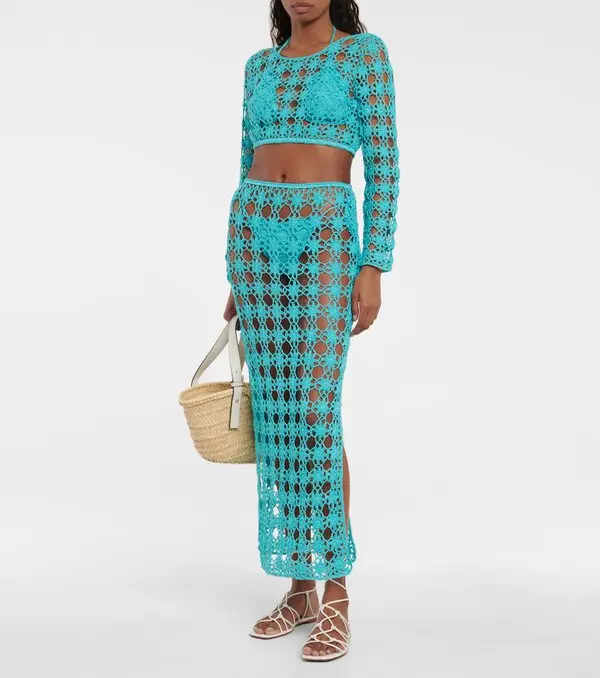 Anna Kosturova Rosette Crochet Cotton Maxi Skirt - Blue