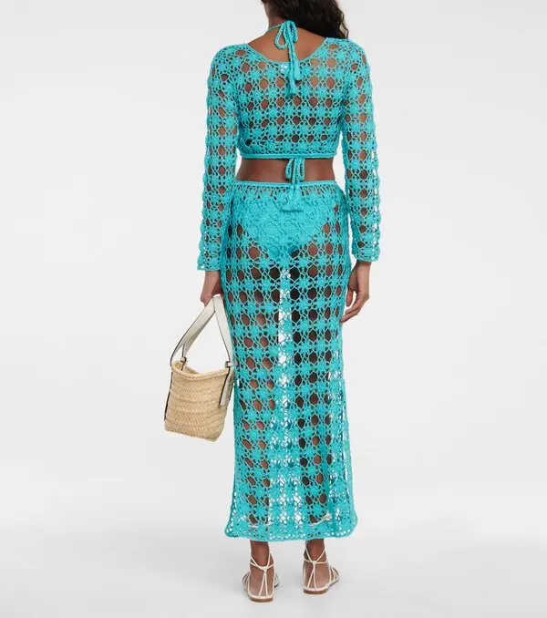 Anna Kosturova Rosette Crochet Cotton Maxi Skirt - Blue