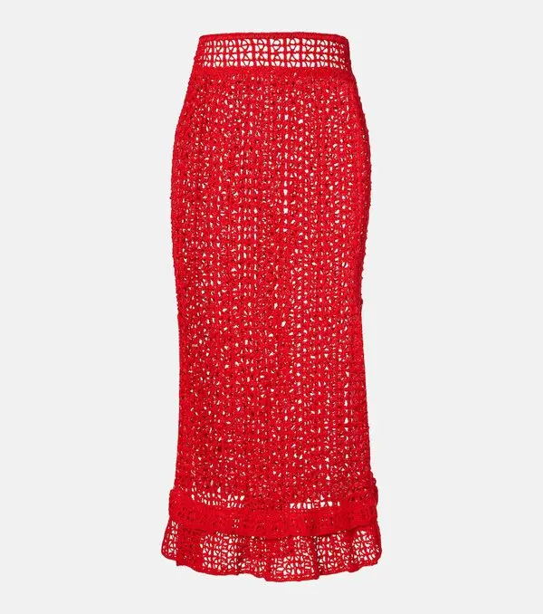 Anna Kosturova Rosette Crochet Cotton Maxi Skirt - Red