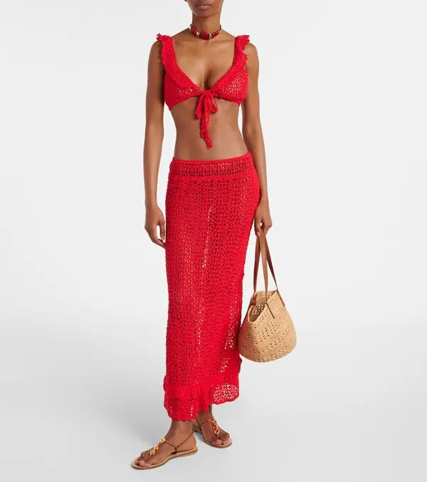 Anna Kosturova Rosette Crochet Cotton Maxi Skirt - Red