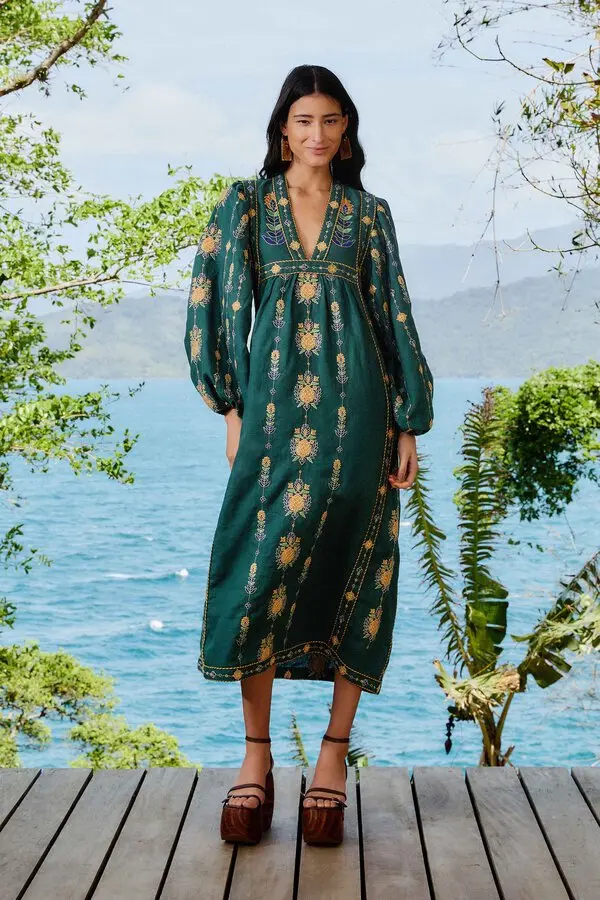 Farm Rio Pineapple Embroidered Linen Tunic Maxi Dress - Green