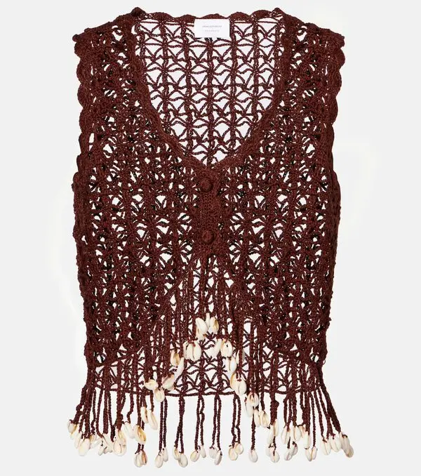 Anna Kosturova Crochet Fringed Cotton Crop Top - Brown