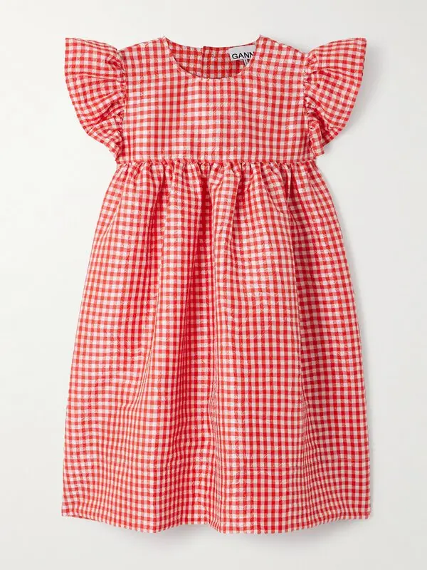 GANNI Ruffled Gingham Crinkled-taffeta Mini Dress