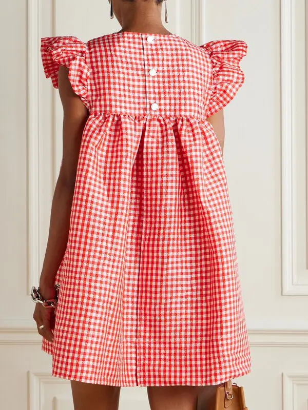 GANNI Ruffled Gingham Crinkled-taffeta Mini Dress