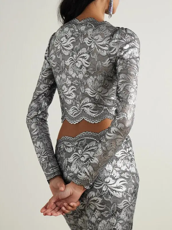 Rabanne Cropped Scalloped Stretch-lace Top - Silver