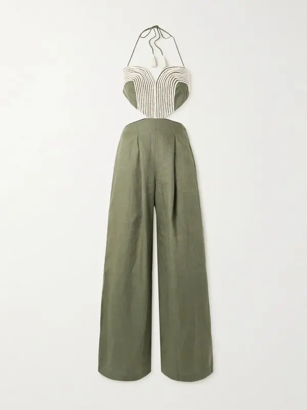 ANDRES OTALORA Zinnia Cutout Embroidered Linen Jumpsuit - Green
