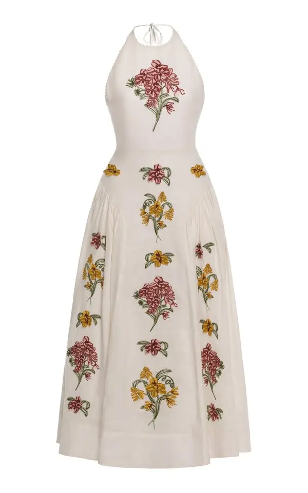 Agua Bendita Balsa Embroidered Linen Midi Halter Dress - White