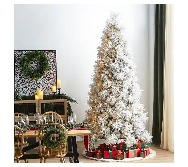 GLITZHOME 9' Led Pre-lit Flocked Pine Faux Chri Stmas Tree - One-color