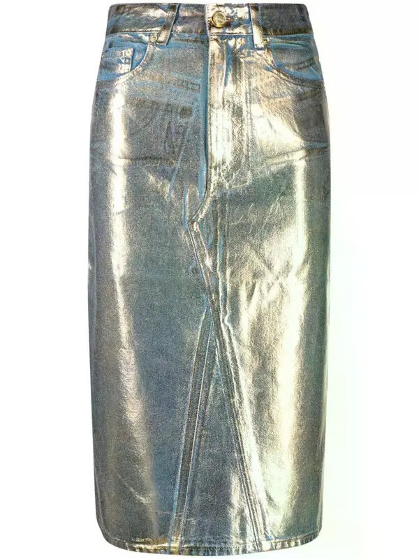 GANNI Metallic Finish Denim Midi Skirt