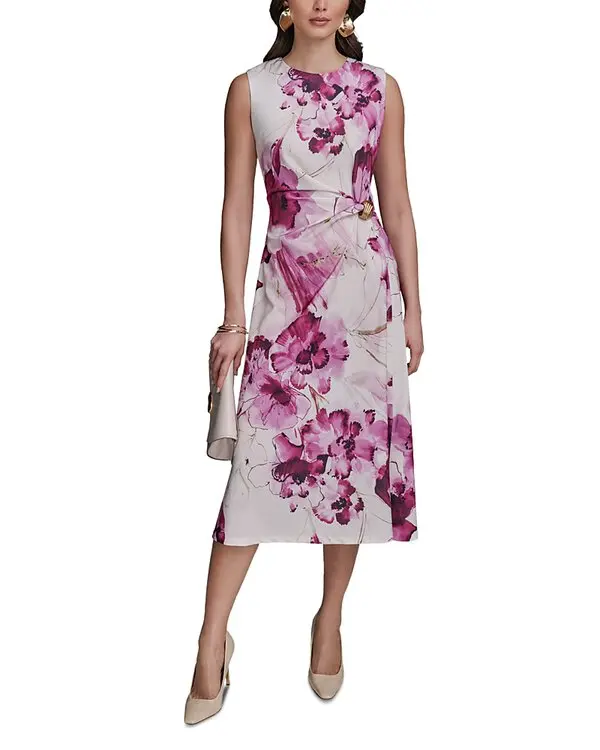 Donna Karan New York Floral Satin Gathered Waist Dress