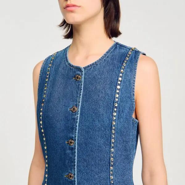 Sandro Rhinestone Embellished Denim Top - Blue Jean