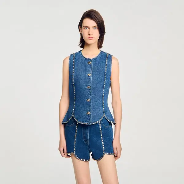 Sandro Rhinestone Embellished Denim Top - Blue Jean