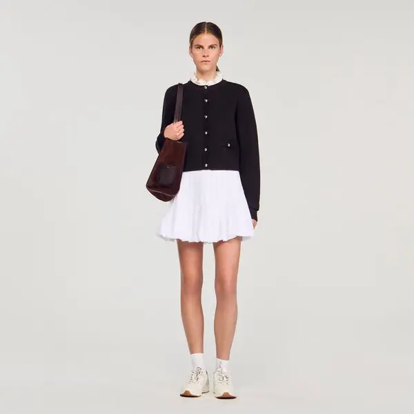 Sandro Fine Knit Cardigan With Detachable Ruffle Collar
