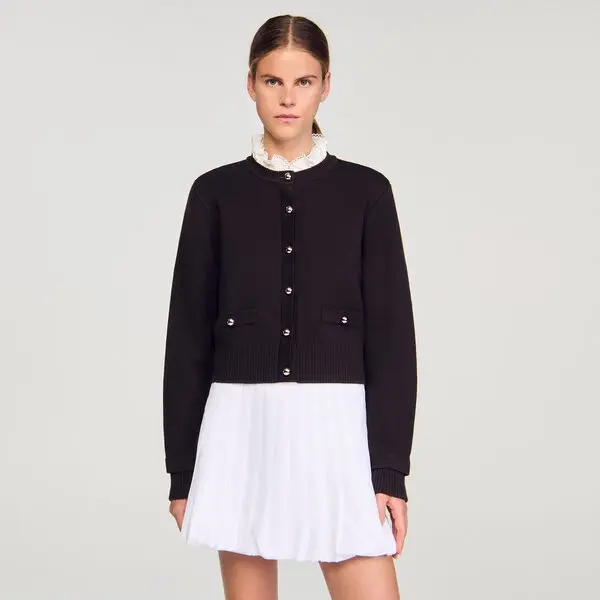 Sandro Fine Knit Cardigan With Detachable Ruffle Collar