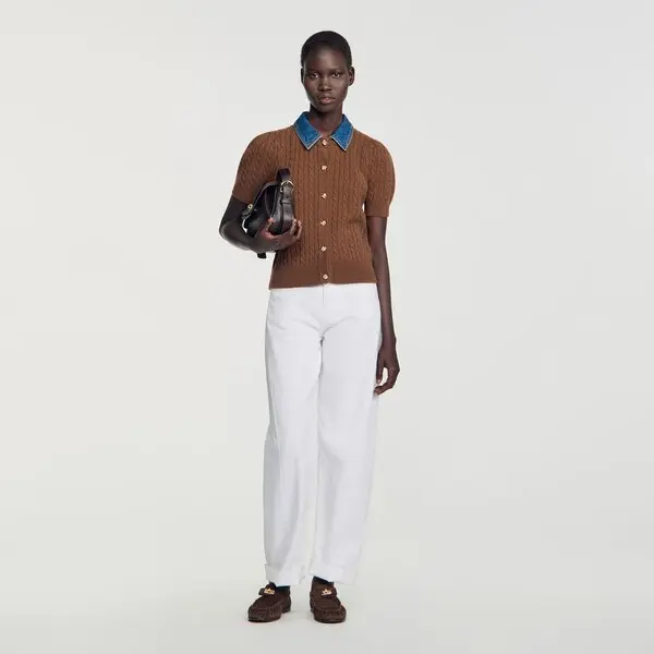 Sandro Cable Knit Cardigan With Removable Denim Collar - Brown