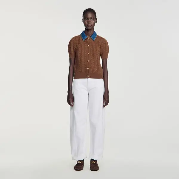 Sandro Cable Knit Cardigan With Removable Denim Collar - Brown